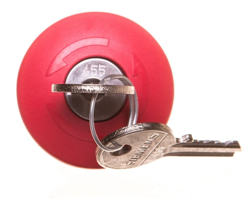 Przycisk bezpieczeństwa 22mm z zamkiem Ronis nr SB30 tworzywo czerwony 40mm 2 klucze IP69k ...