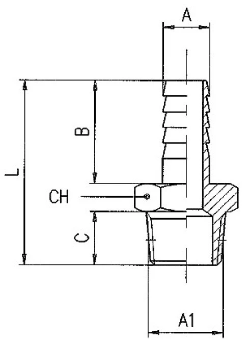 Króciec gwintowany choinka do węża fi 16 mm R 1/2 GZ, mosiądz niklowany, gwint stożkowy ...
