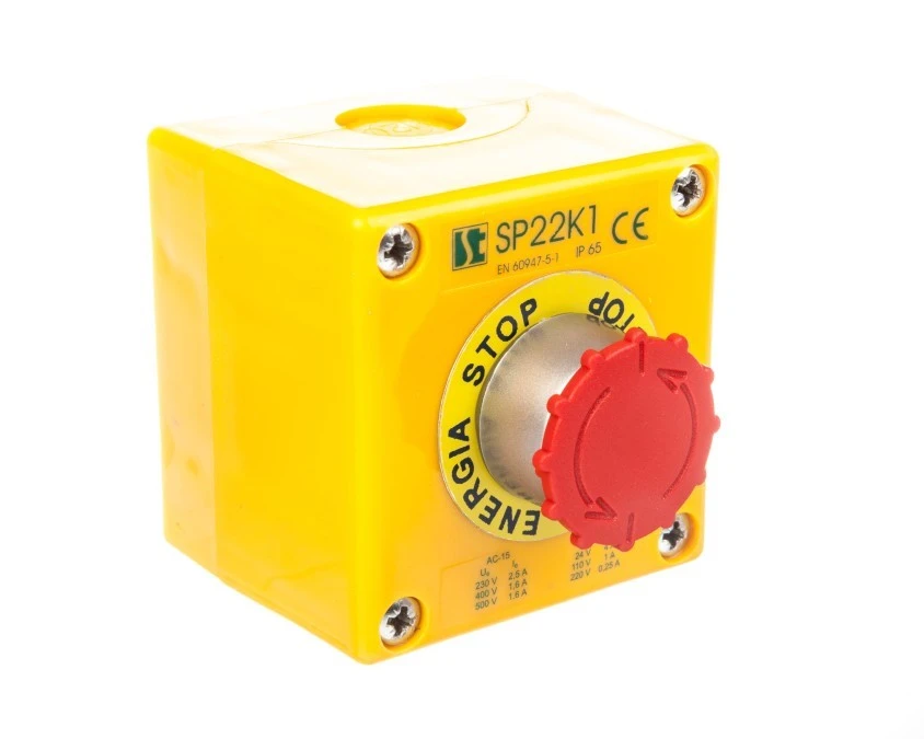 Kaseta z przyciskiem bezpieczeństwa przez obrót 1R IP65 żółta 1x dławnica M20 SP22K1\05-1 ...