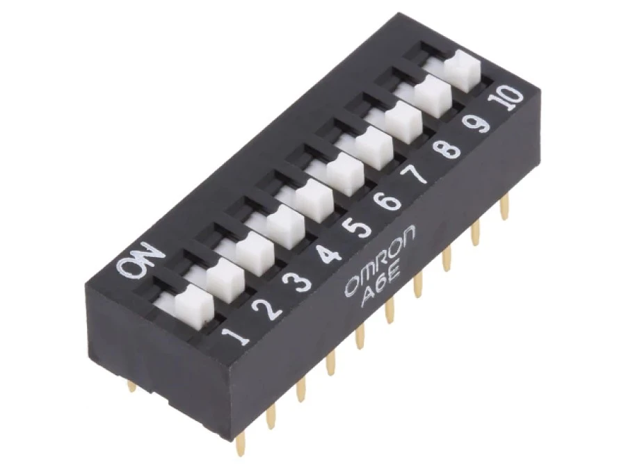 Przełącznik DIP-SWITCH Ilość sekcji 10 ON-OFF 0,025A/24VDC A6E-0104-N – OMRON ELECTRONICS | TIM SA