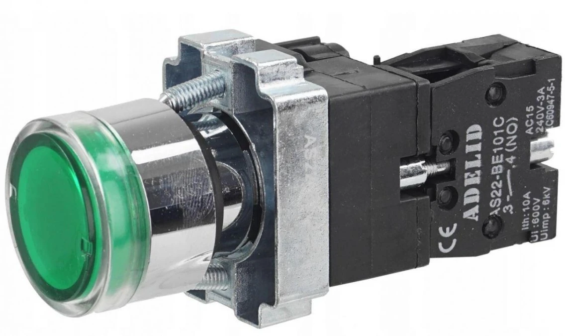 Przycisk sterowniczy podświetlany zielony START z metalowym kołnierzem AS22-BW3361L – ADELID ...
