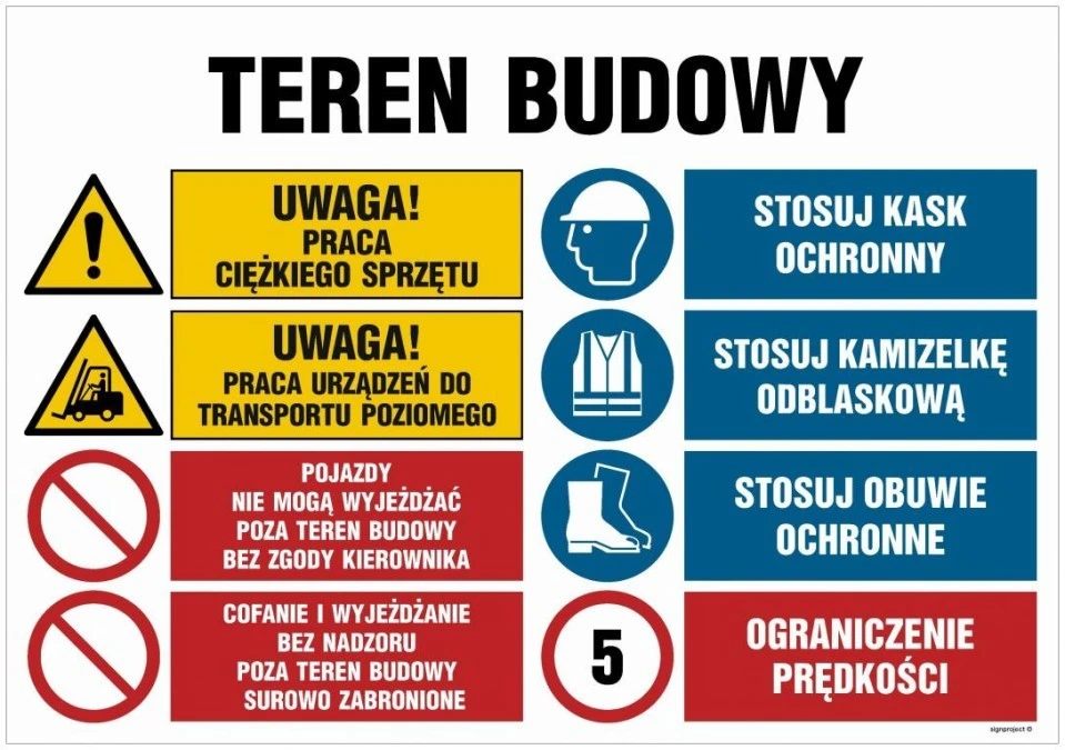 ZNAK - OI021 Teren budowy, Uwaga! Praca ciężkiego sprzętu 100 x 75 cm ...