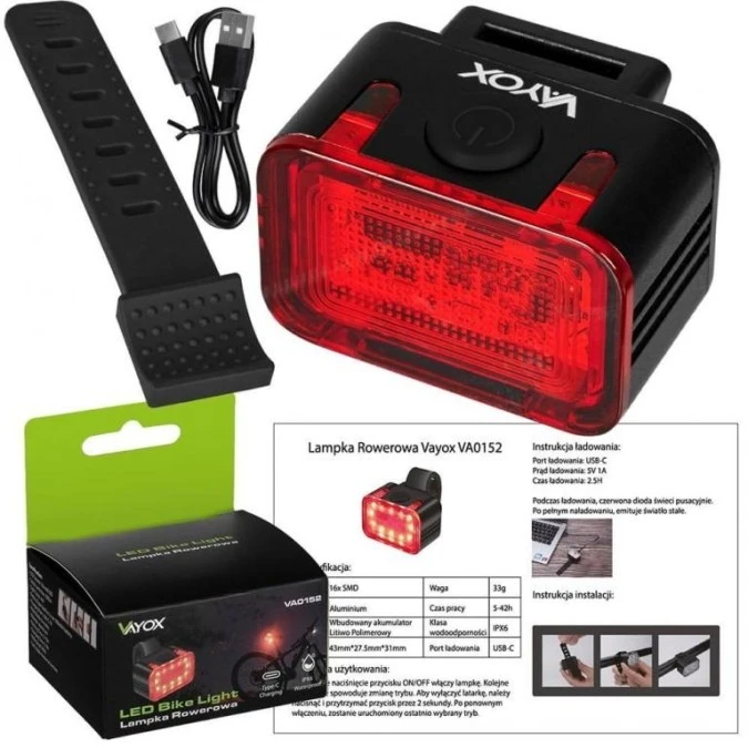 Lampka rowerowa tył 300lm 16*LED USB-C VA0152 Vayox – VAYOX | TIM SA