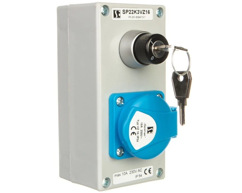 Kaseta sterownicza z przyciskiem SP22-SAA i z gniazdkiem VZ16 230V SP22K3VZ1601-1 – SPAMEL | TIM SA