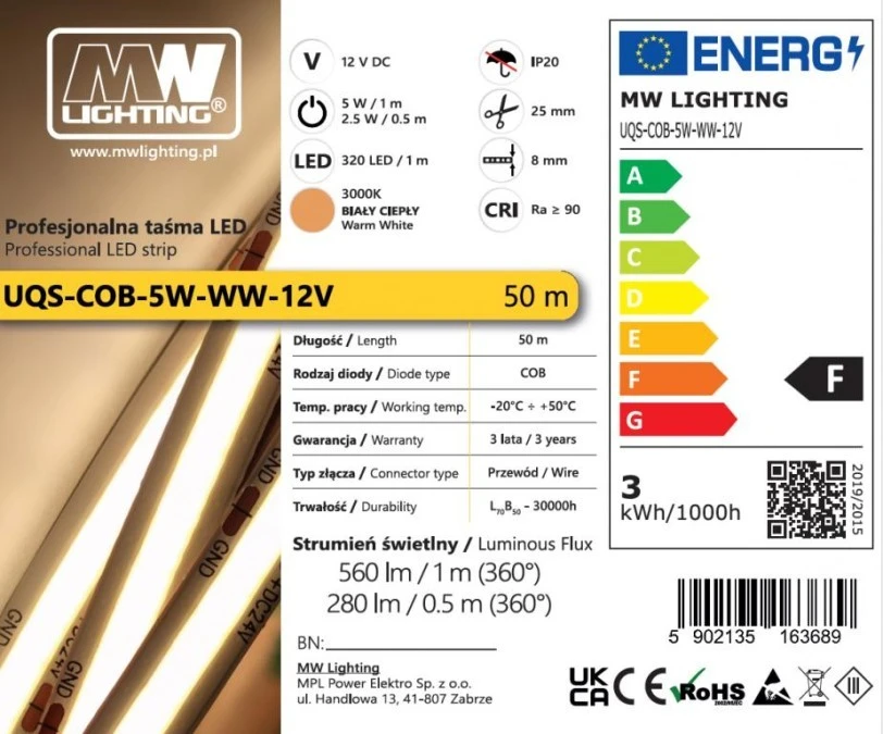 Taśma LED COB 5W 12V 50m biała ciepła UQS-COB-5W-WW-12V-50M – MW ...