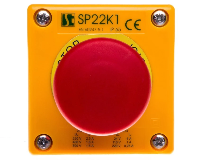 Kaseta z przyciskiem bezpieczeństwa IP65 żółta 1x dławnica SP22K1BN-1 – SPAMEL | TIM SA