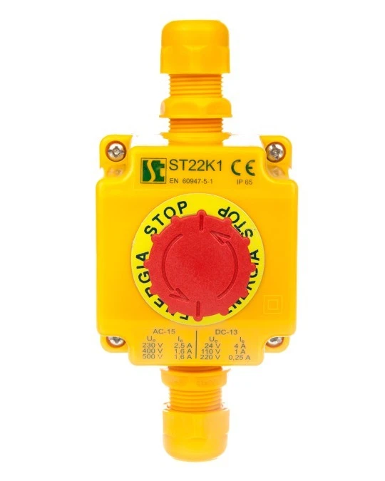 Kaseta z przyciskiem bezpieczeństwa przez obrót 1R IP65 żółta 2x dławnica M20 ST22K105-2 ...