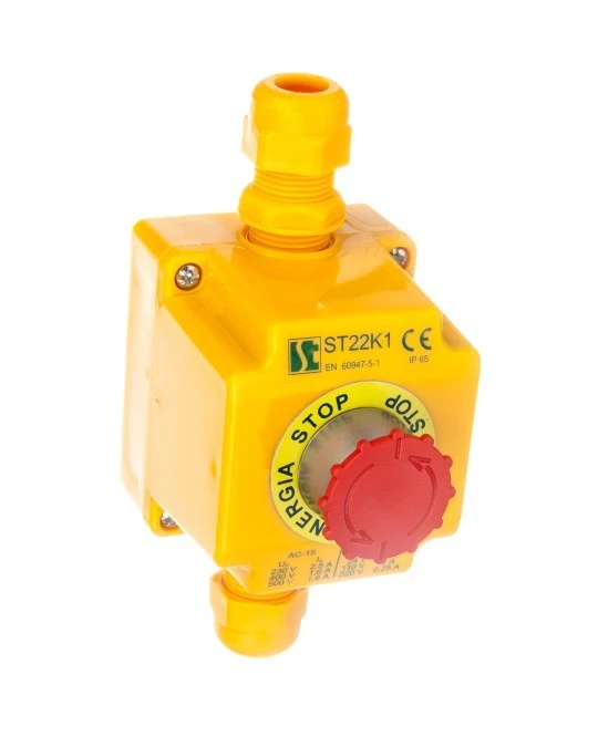 Kaseta z przyciskiem bezpieczeństwa przez obrót 1R IP65 żółta 2x dławnica M20 ST22K105-2 ...