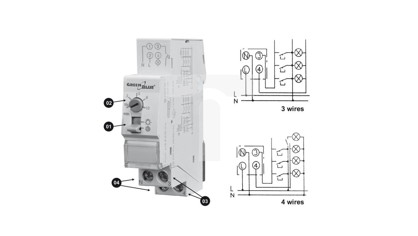 Automat schodowy na szynę DIN GB114 GreenBlue regulacja 30s-10m max ...