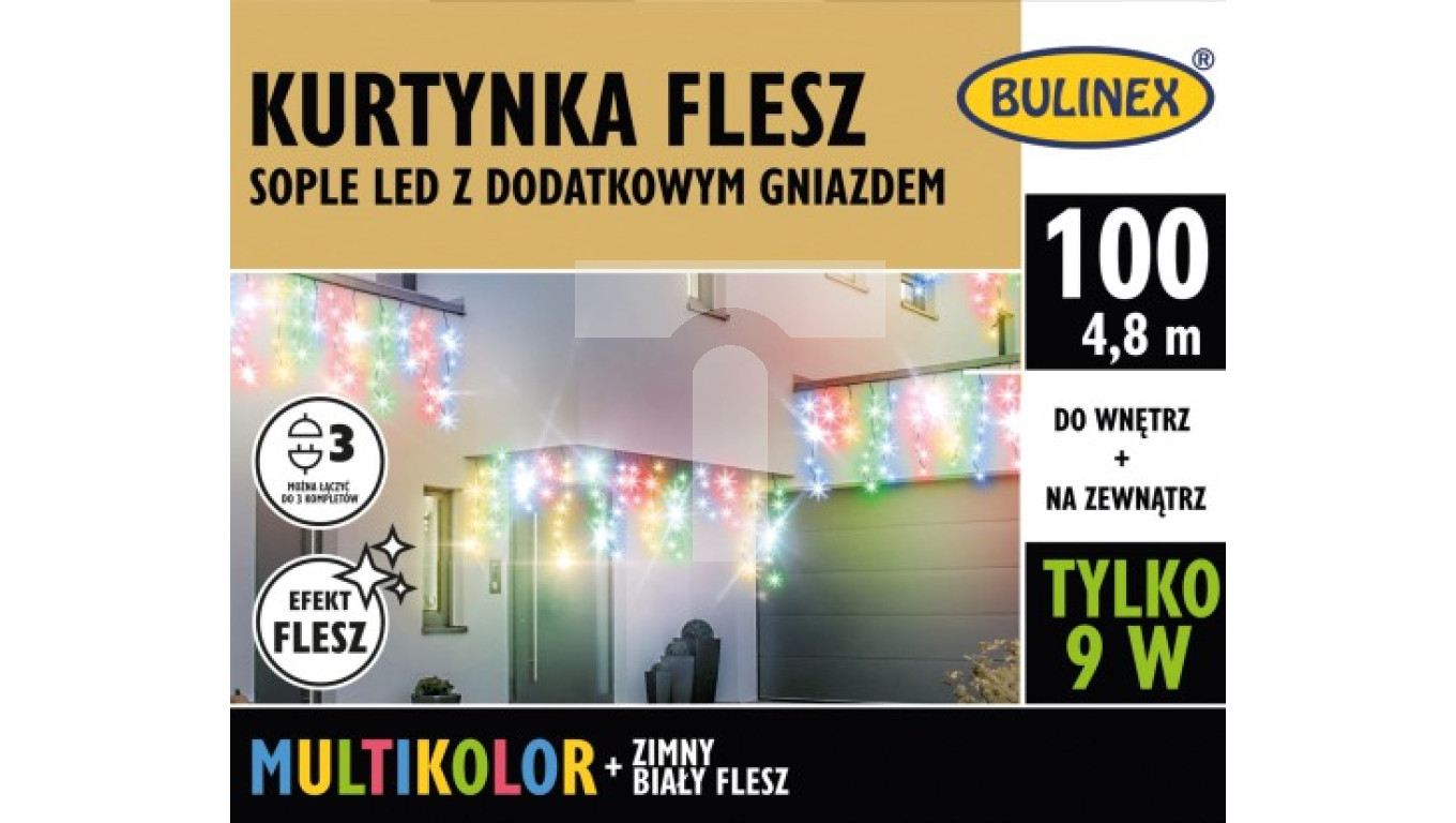 Kurtyna świetlna zewnętrzna flesz 100l kurtyna sople z dod.gn. 5m dekoracji+5 m przewodu zas ...