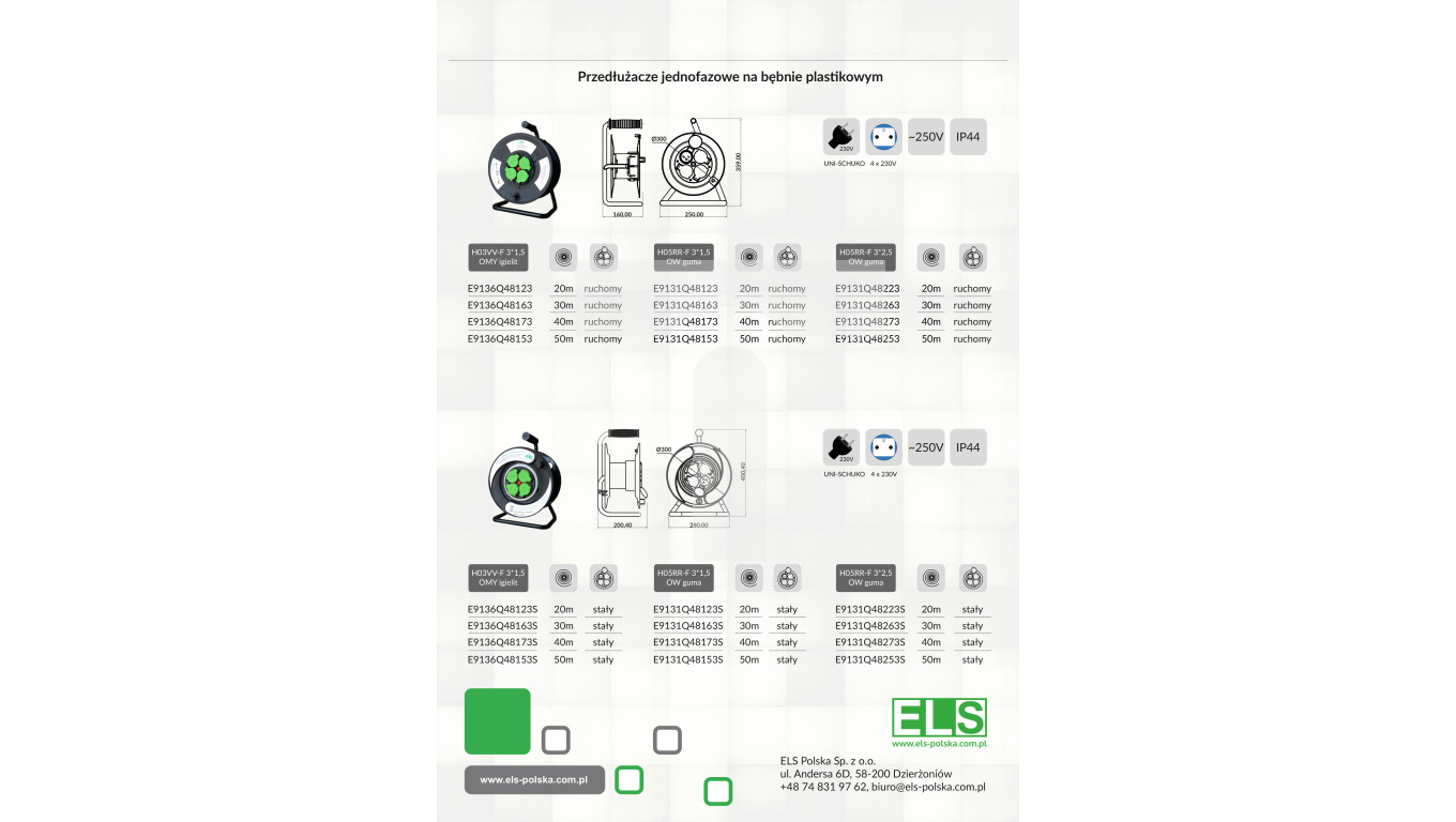 Przedłużacz 30m OW3*1,5 4x230V IP44 T bęben plastikowy stały panel ...