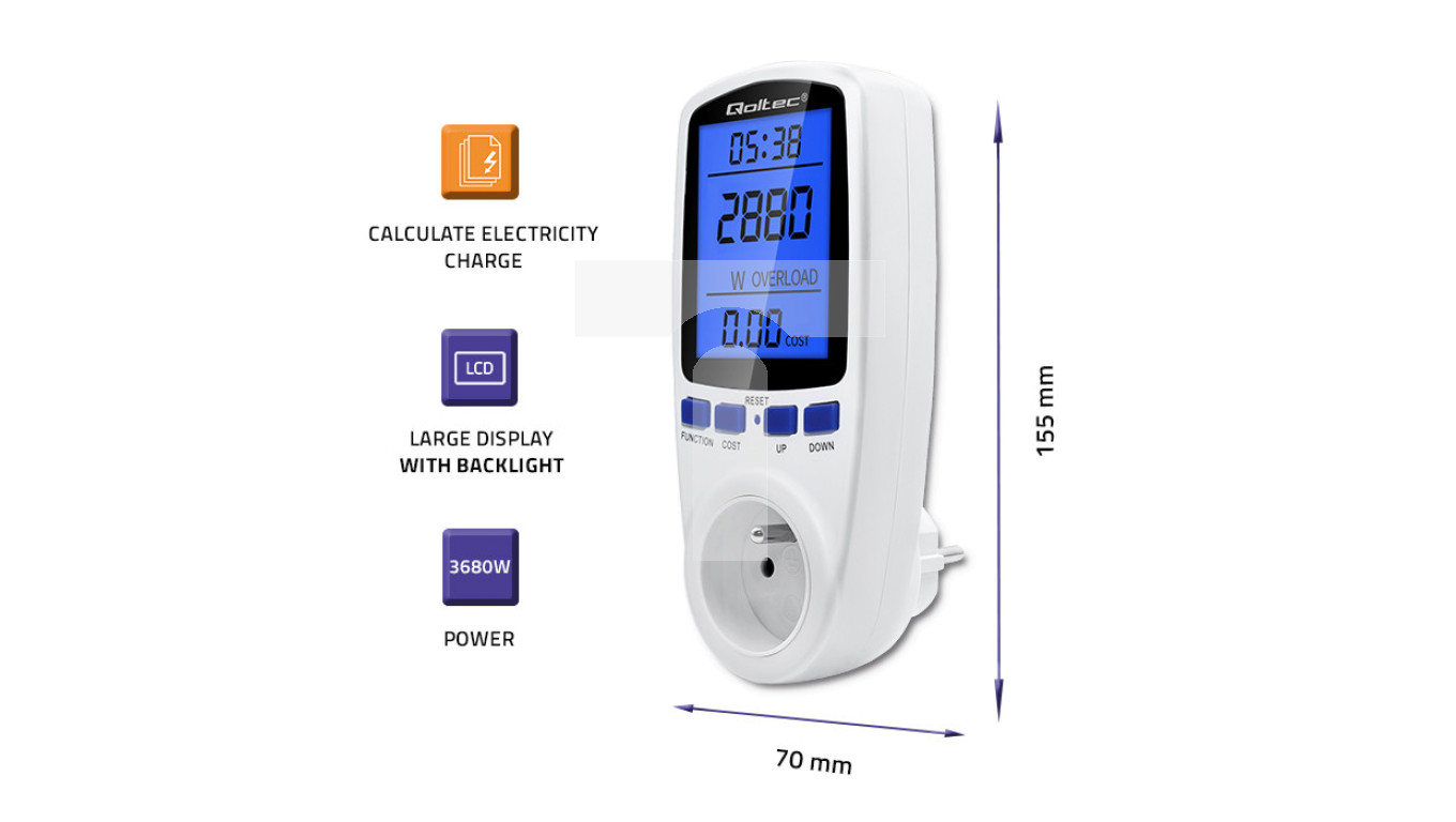 Qoltec Watomierz Licznik zużycia energii PM0626 3680W 16A LCD – Qoltec ...