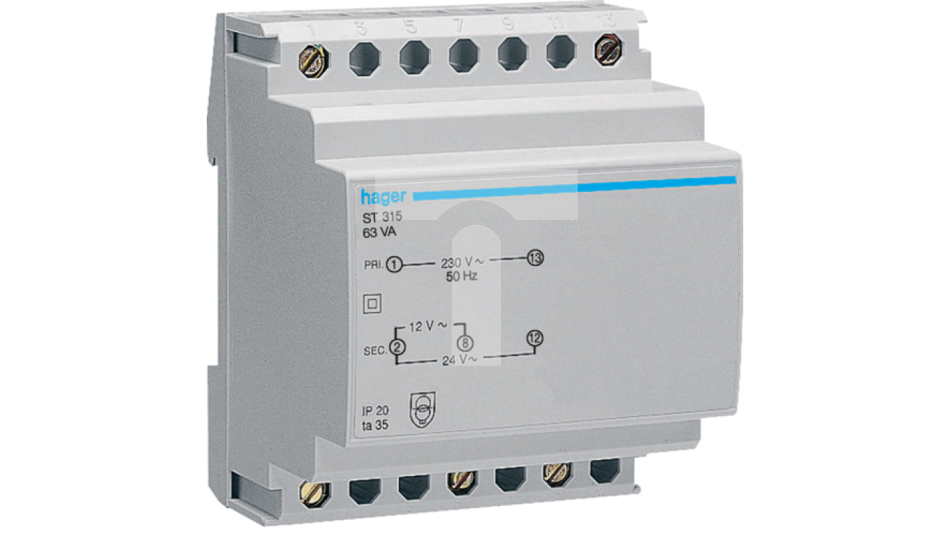 Transformator bezpieczeństwa modułowy 230/12-24V AC 5,25-2,63A ST315 – HAGER POLO | TIM SA