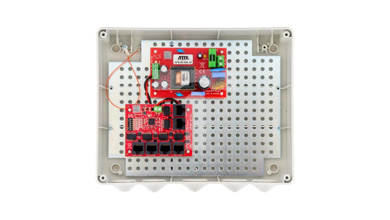 Zestaw do 5 kamer IP switch PoE 5P+1UP w obudowie zewnętrznej ABOX-L3, zasilacz 96W – ATTE POWER ...