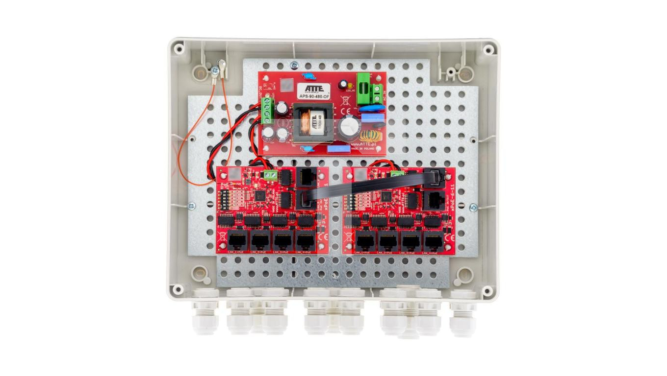 Zestaw do 9 kamer IP switch PoE 9P+1UP w obudowie zewnętrznej ABOX-L2, zasilacz 96W – ATTE POWER ...