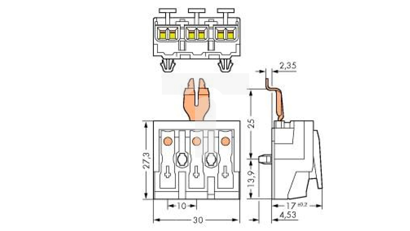 Złączka zasilająca 3-biegunowa ze stopkąmi ze stykiem PE 294-5353 ...