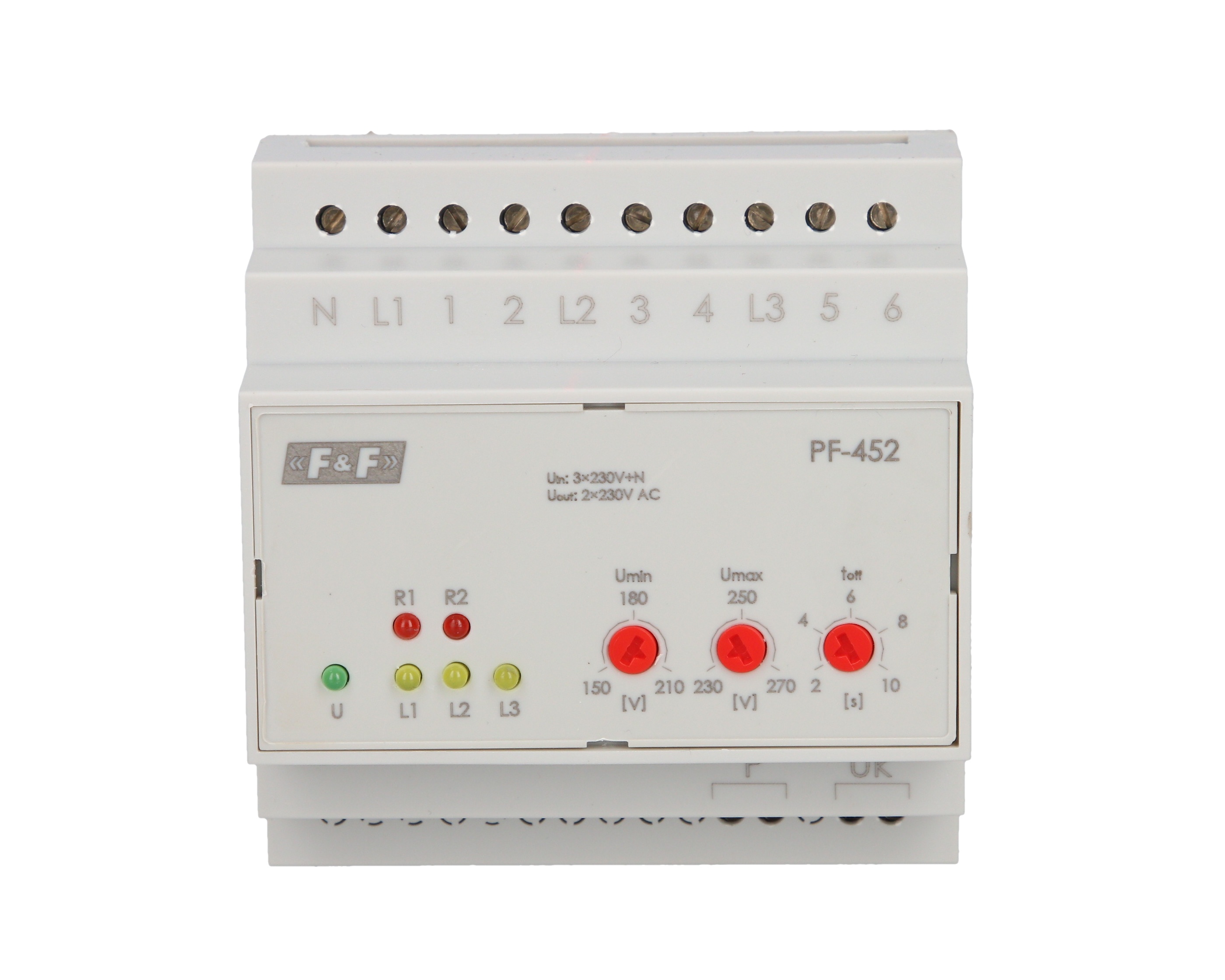 Automatyczny przełącznik faz z wyjściem napięcia fazowego 400V/2x230V+N PF-452 – F&F | TIM SA