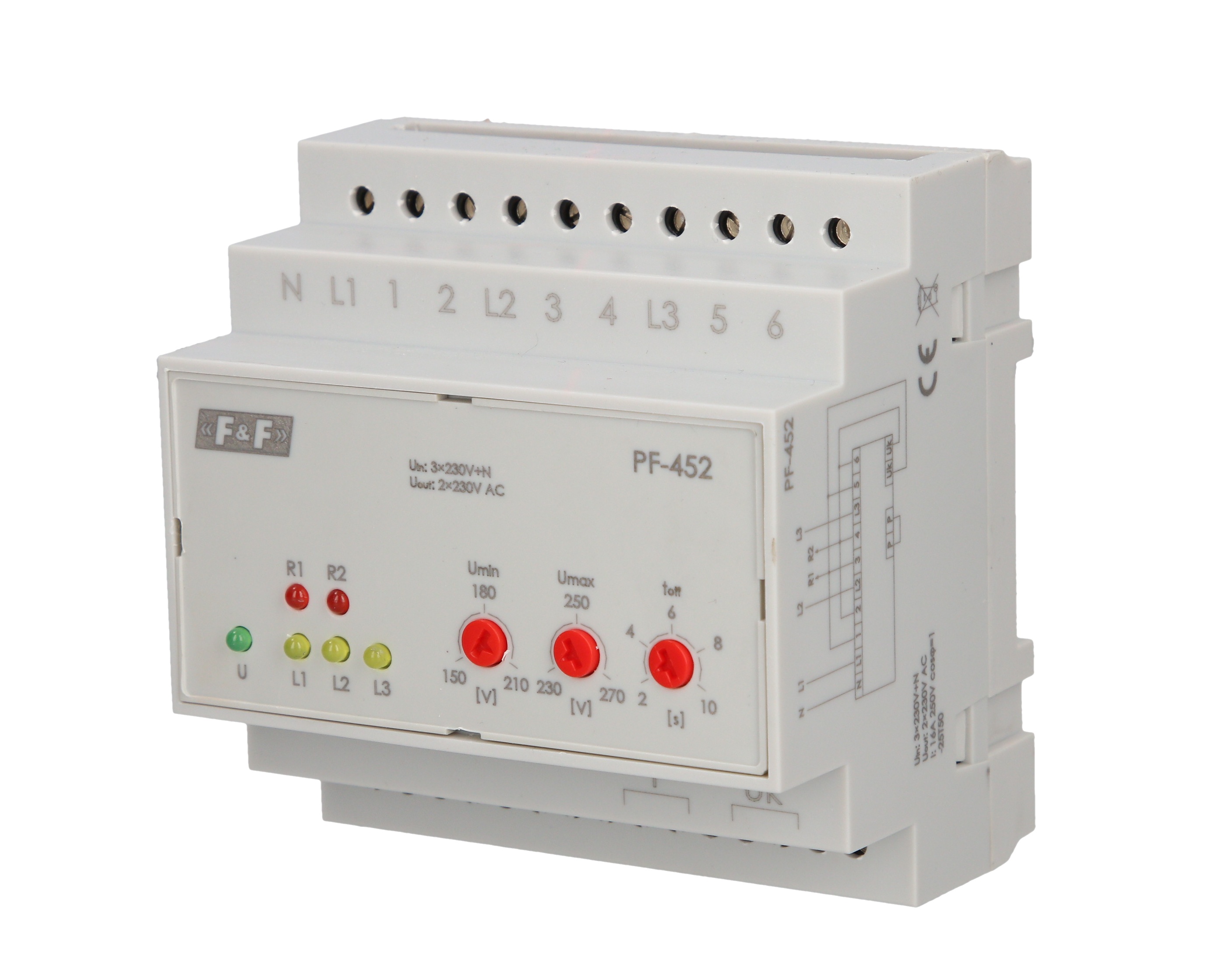 Automatyczny przełącznik faz z wyjściem napięcia fazowego 400V/2x230V+N PF-452 – F&F | TIM SA