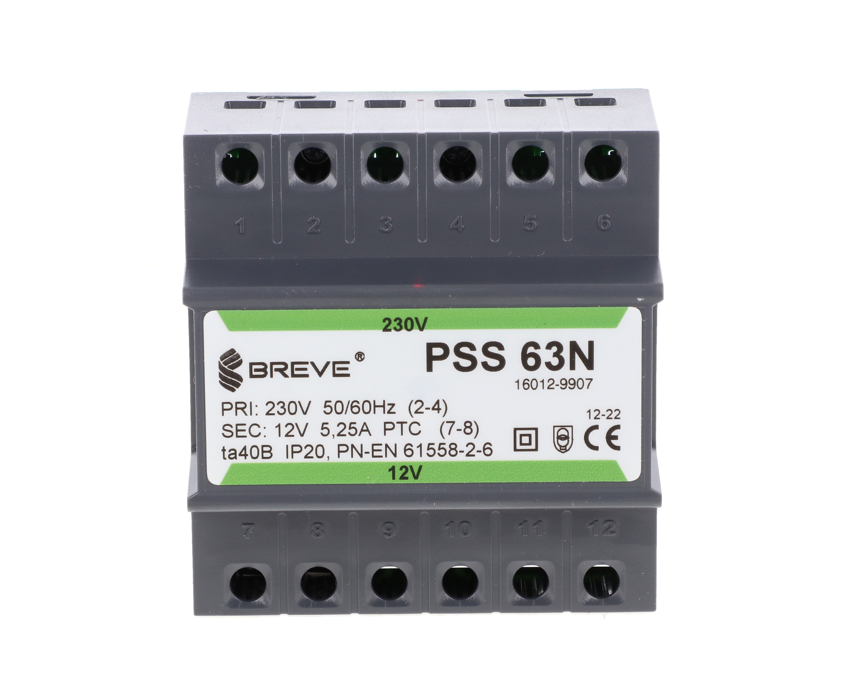 Transformator 1-fazowy modułowy PSS 63N 63VA 230/12V /na szynę/ 16012-9907 – BREVE | TIM SA